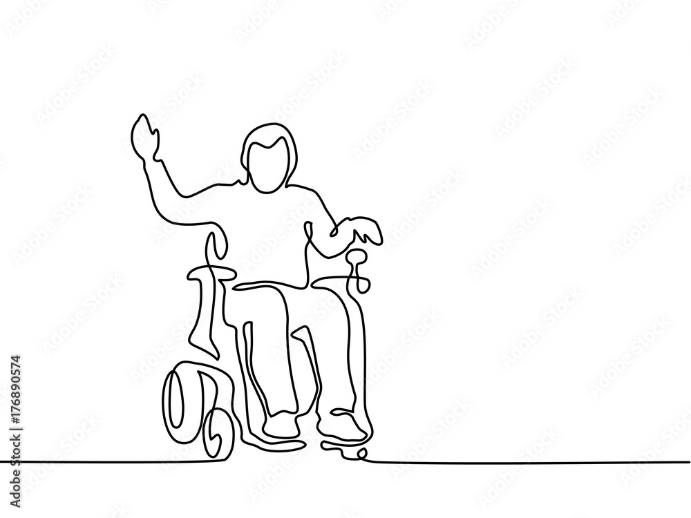 Continuous line drawing. Disabled man on electric wheelchair enjoy with ...