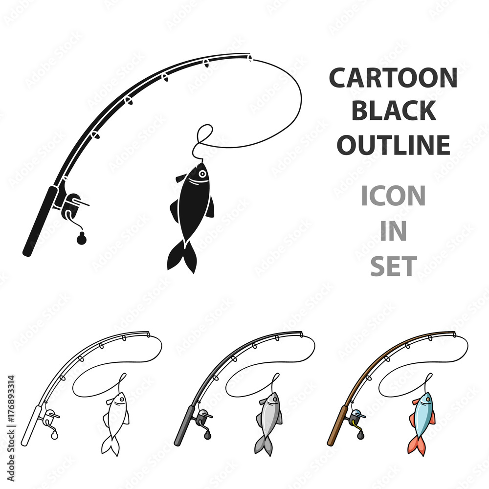 Fishing rod and fish icon in cartoon style isolated on white background ...