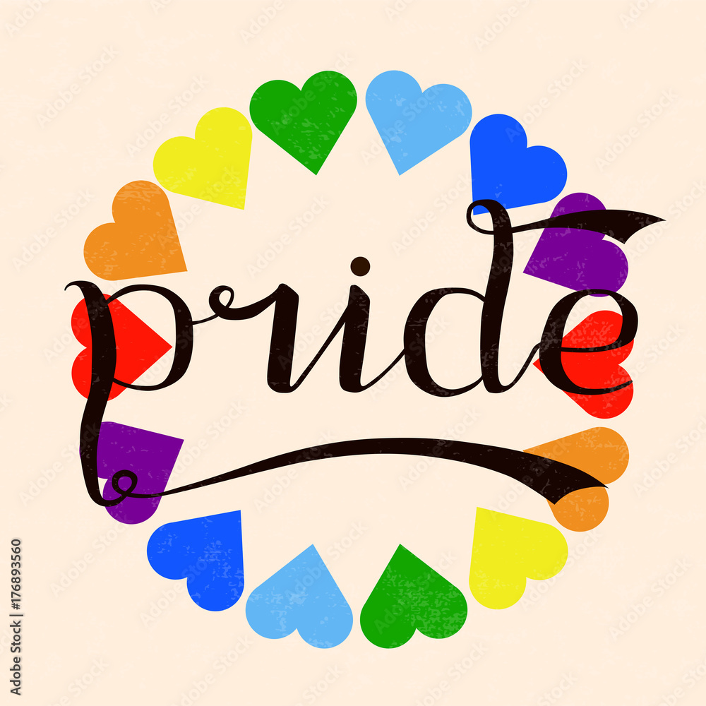 Pride word custom lettering text with hearts in LGBT rainbow colors ...