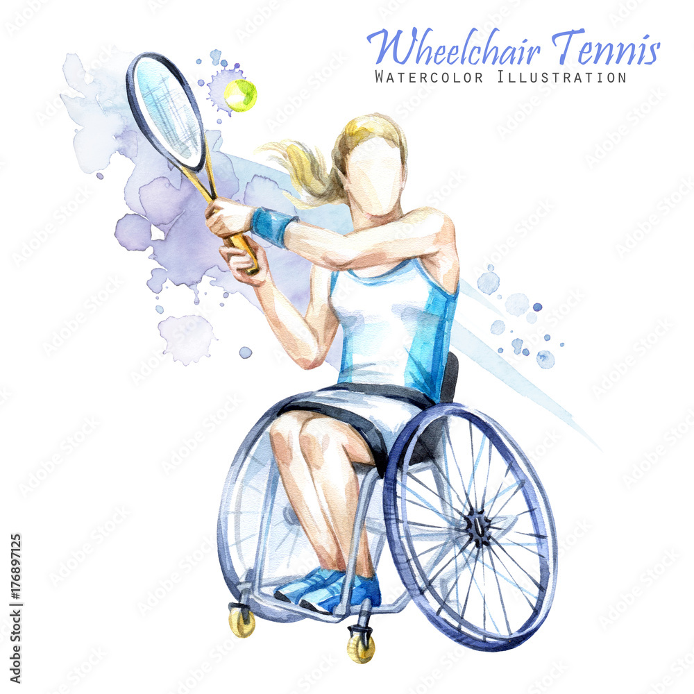 Watercolor illustration. Wheelchair Tennis sport. Figure of disabled ...