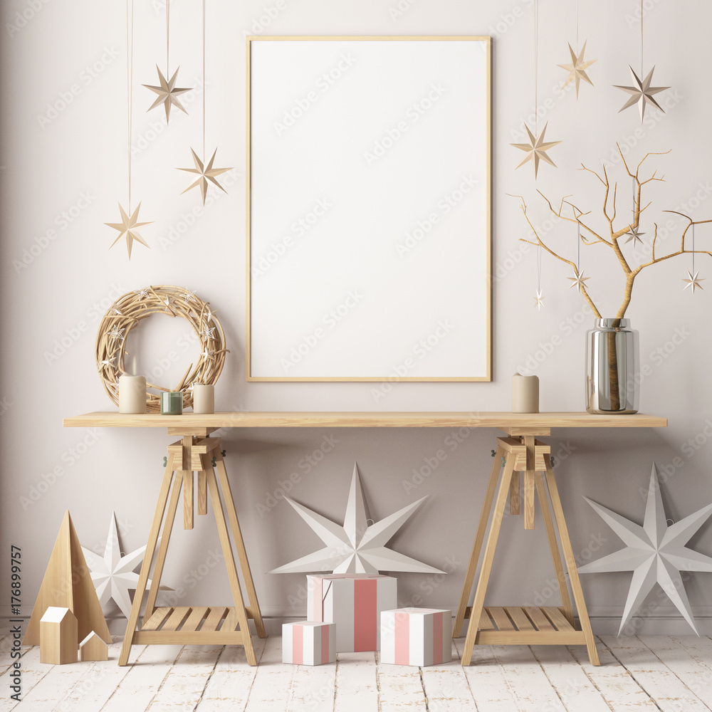 Mock up poster in the Christmas interior in Scandinavian style. 3D ...