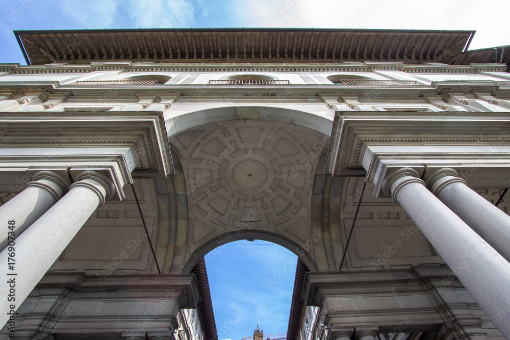 Massive columns and arches of the Uffizi Gallery in Florence, Italy ...
