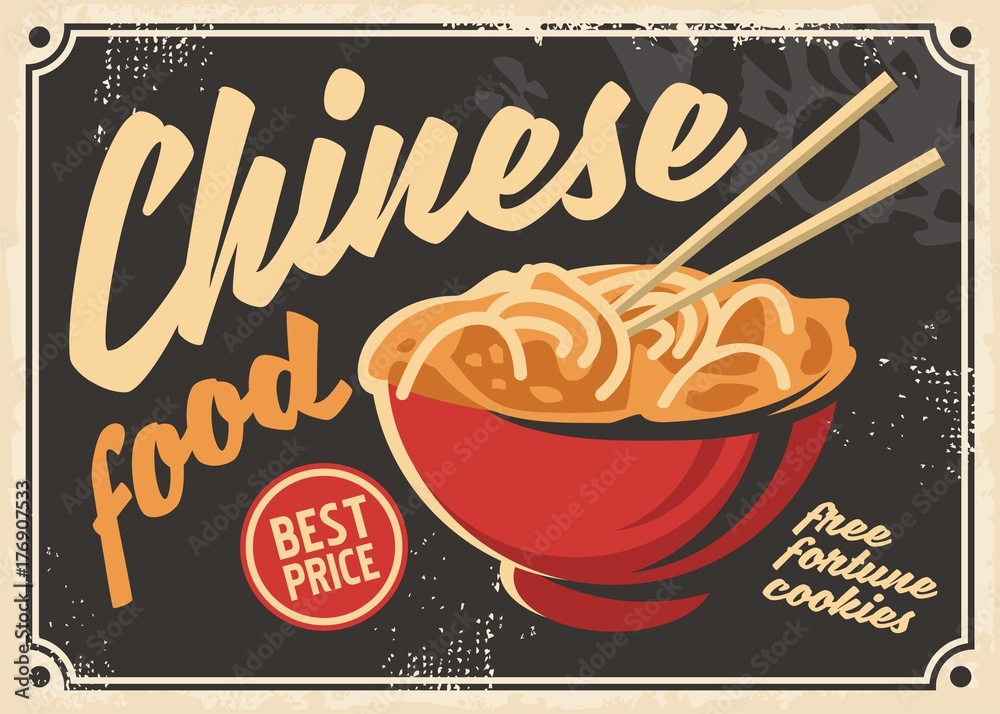 Retro poster design with bowl of noodles. Chinese cuisine vintage flyer ...