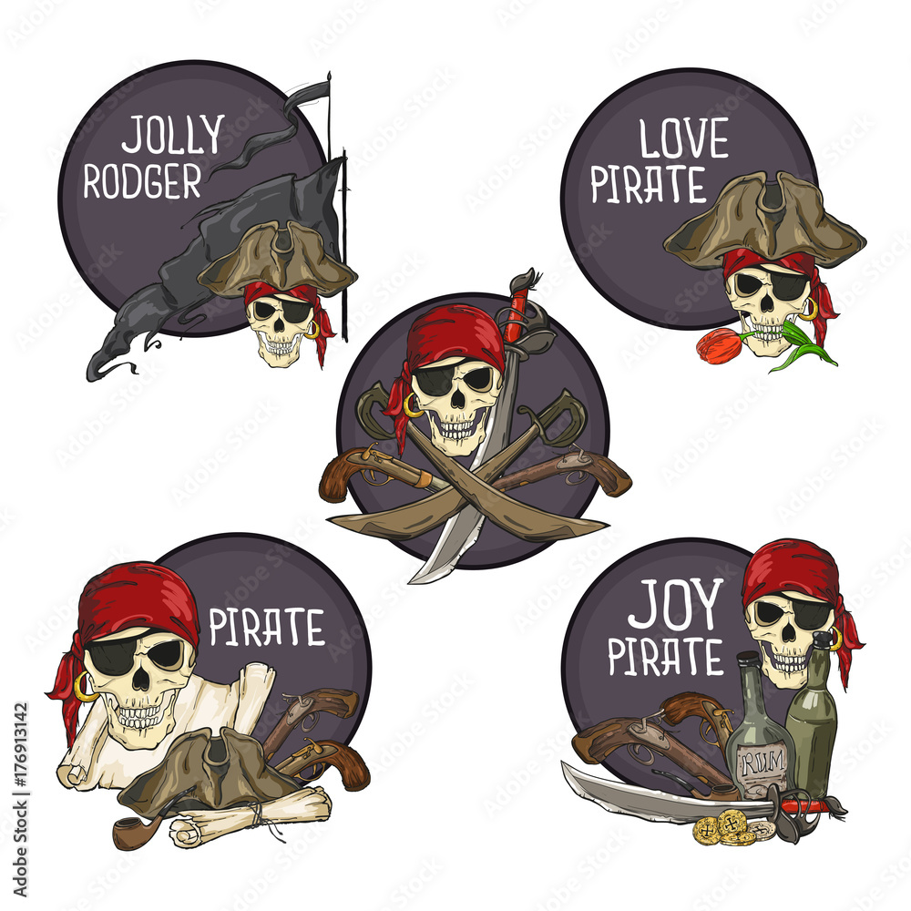 Set of pirate emblems with skull, hat, maps, pistols, chest and smoking ...