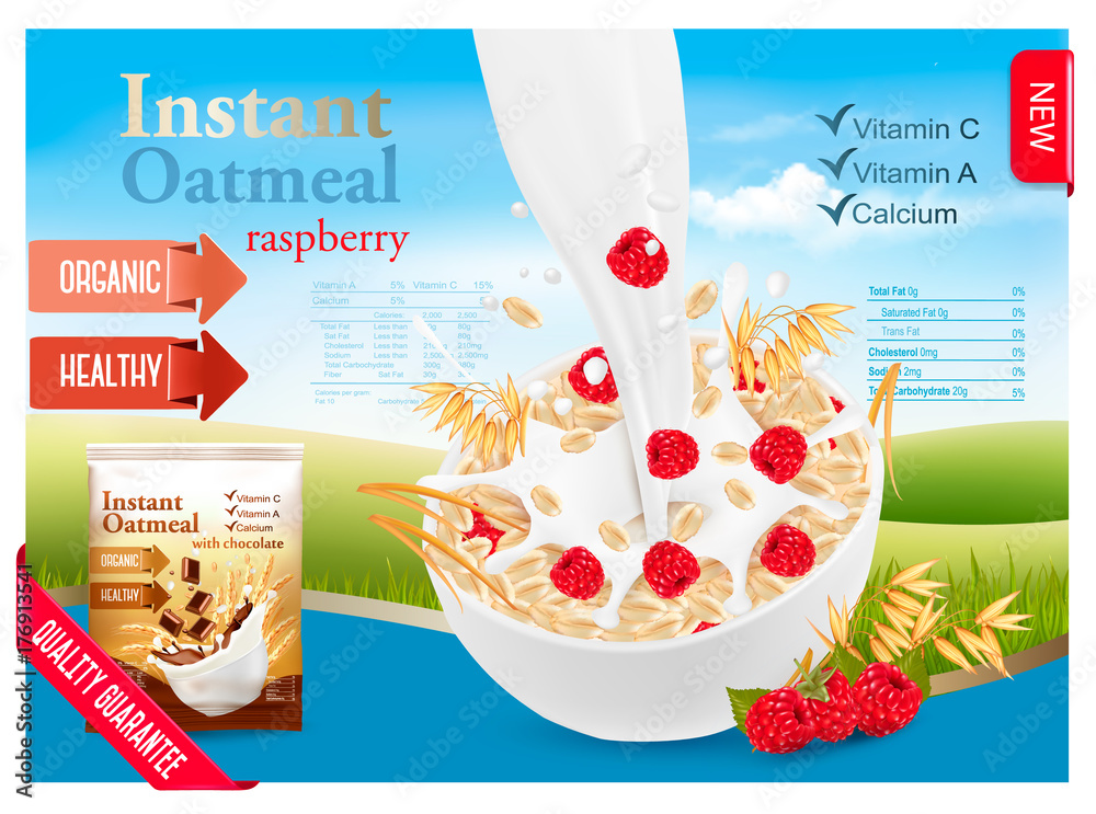 Vettoriale Stock Instant oatmeal with berry advert concept. Milk ...