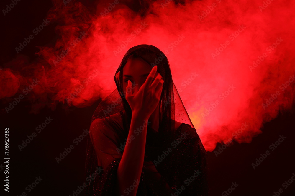 Smoke Tan Skin Asian Woman black hair dark lip with Dense Fluffy Puffs ...