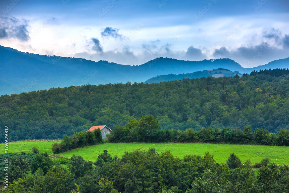 A small hut on a green hill surrounded by forest against the backdrop ...
