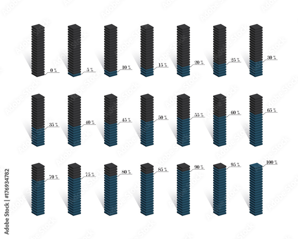 Set of 3d rectangle percentage diagrams infographics, 0 5 10 15 20 25 ...