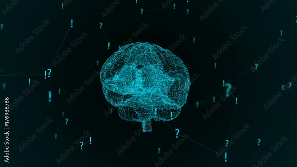 The human brain. Plexus with exclamation marks and question marks ...