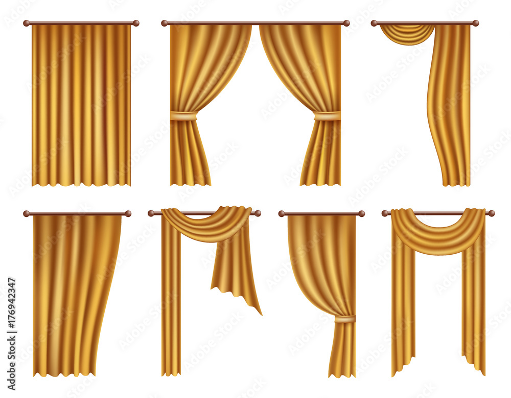 Vector realistic golden window curtains and drapes set Stock Vector ...