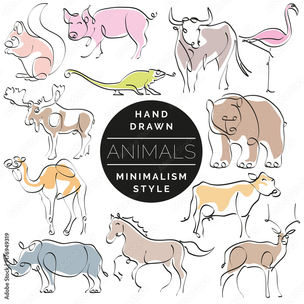 Set of animals in hand drawn minimalism style. Continuous line drawing ...