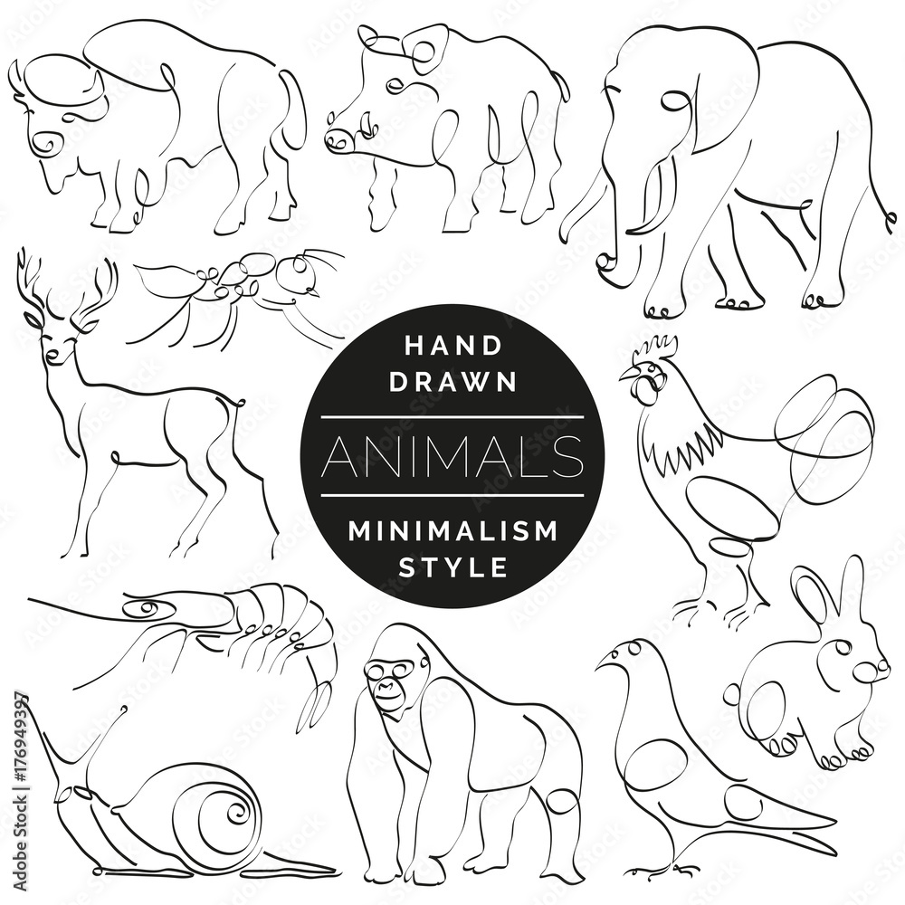Set of animals in hand drawn minimalism style. Continuous line drawing ...