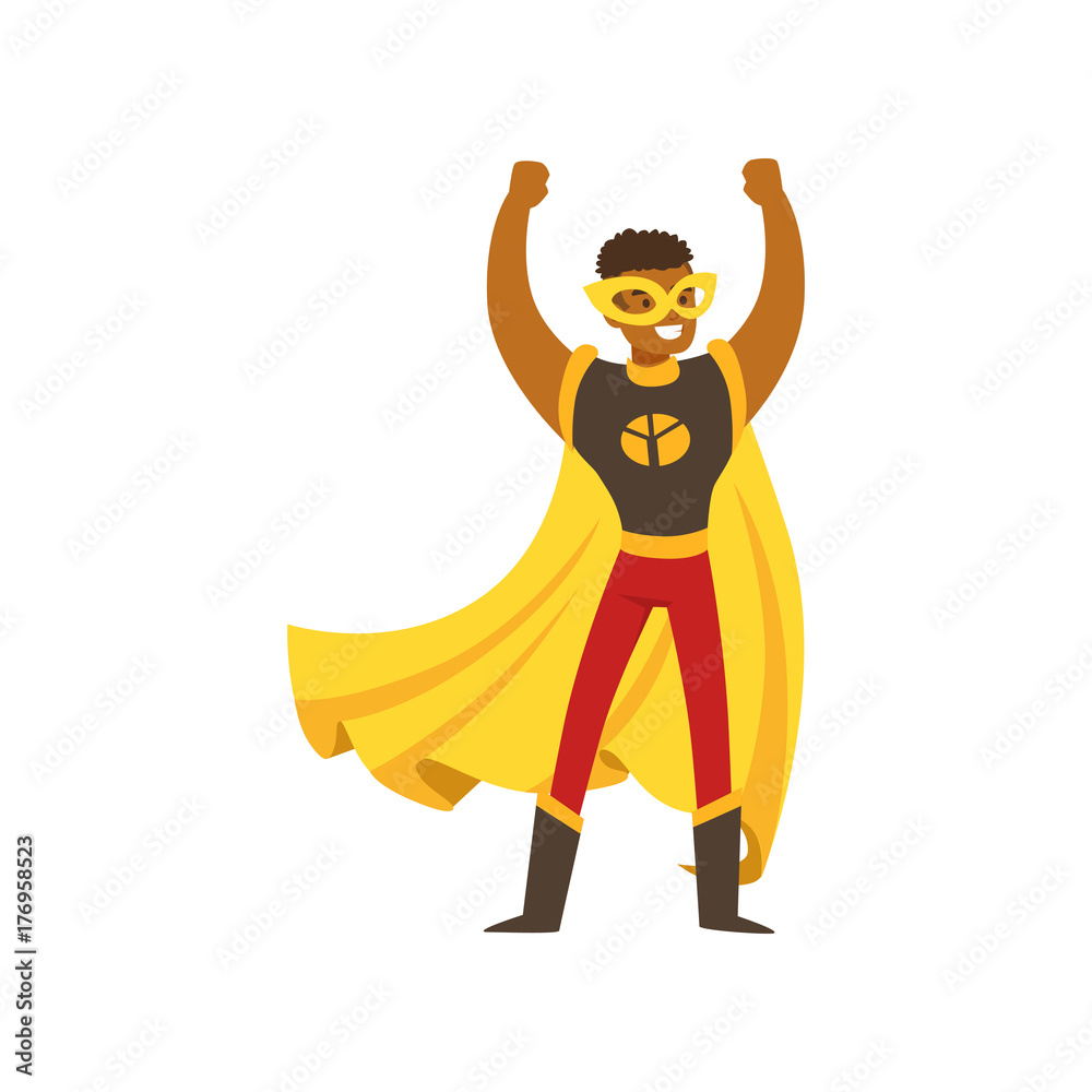 Black male superhero in comics costume stands with hands up Stock ...