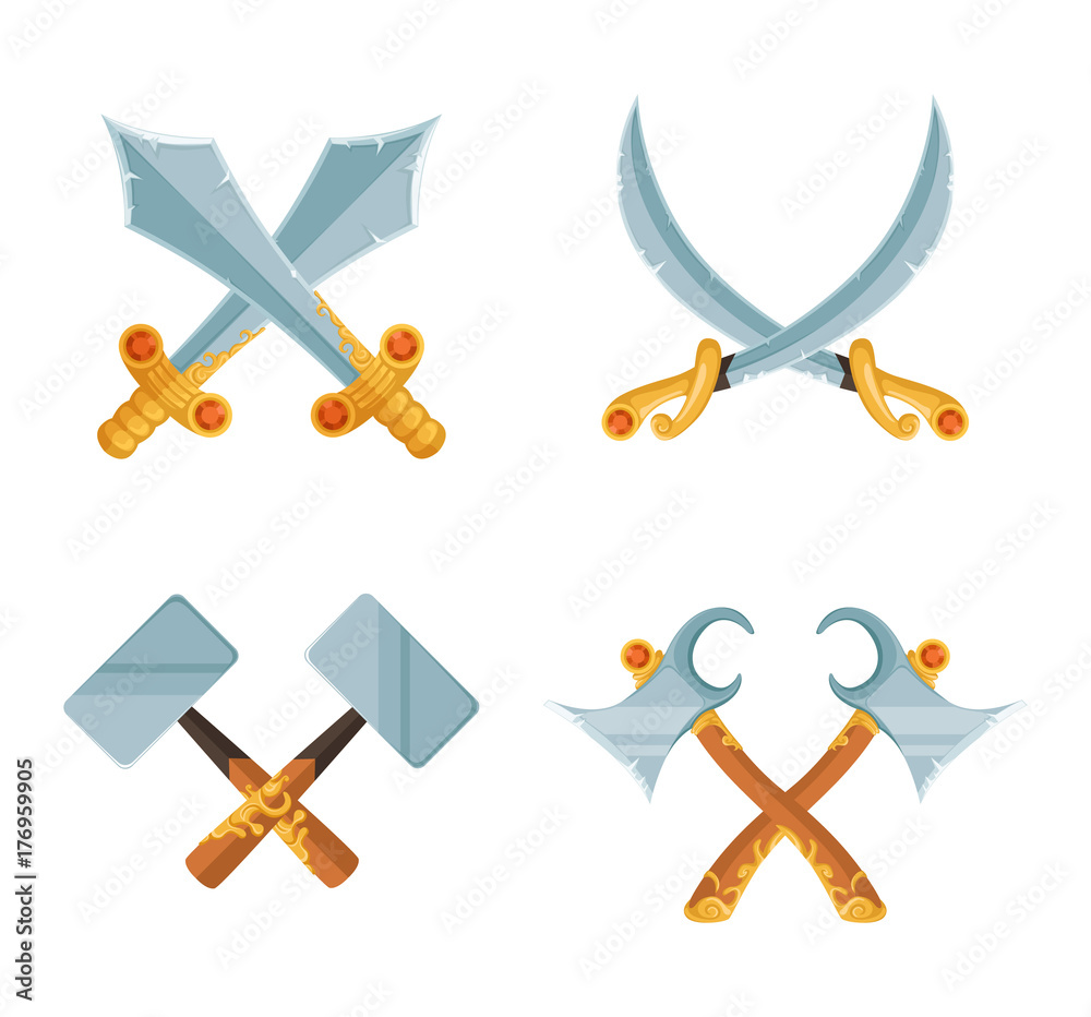 Vector set of cartoon game design crossed sword and axe weapons ...