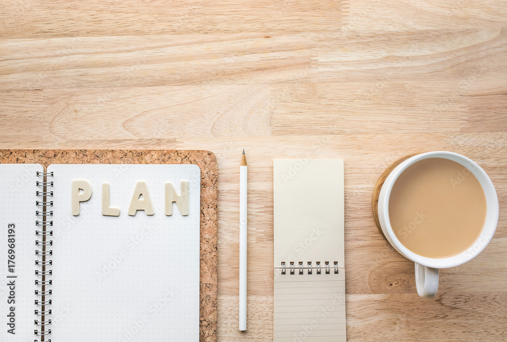 Working space with wood office desk table and supplies.Business flat ...