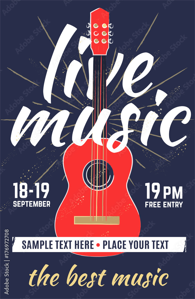Live music. Vector poster, banner, placard for concert, cafe, pub ...