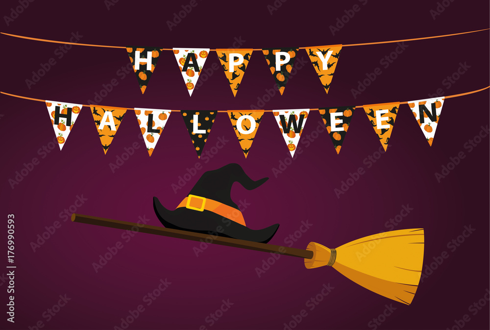 Broom with hat of a witch with flags and Letters and an inscription of ...