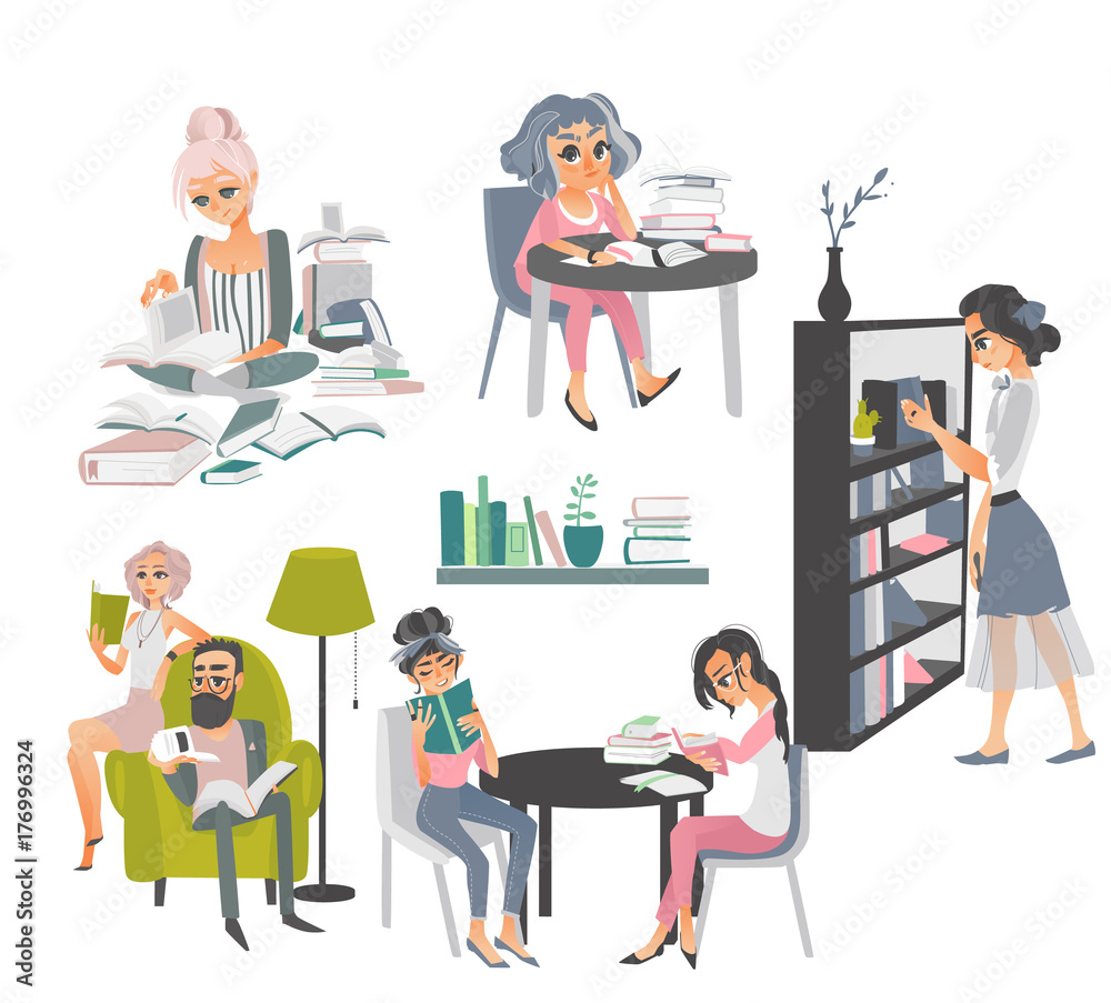 Set of people reading books in library, sitting and standing, flat ...