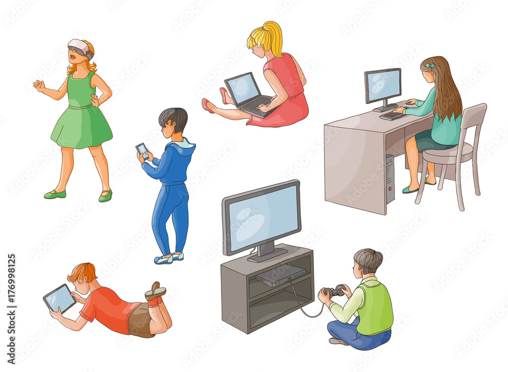 Kids using gadgets - computer, laptop, tablet, smartphone, game console ...