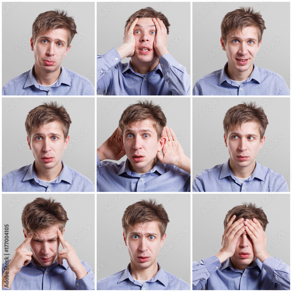 Set of young man's portraits with different emotions Stock Photo ...