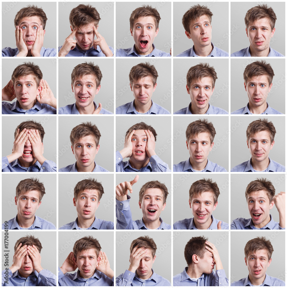 Set of twenty five pictures of young man with different gestures and ...