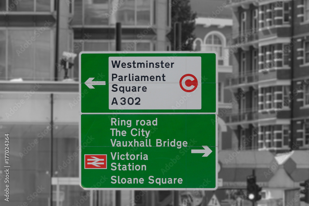 London Green Direction Road Sign, Isolated on Blur Black and White ...