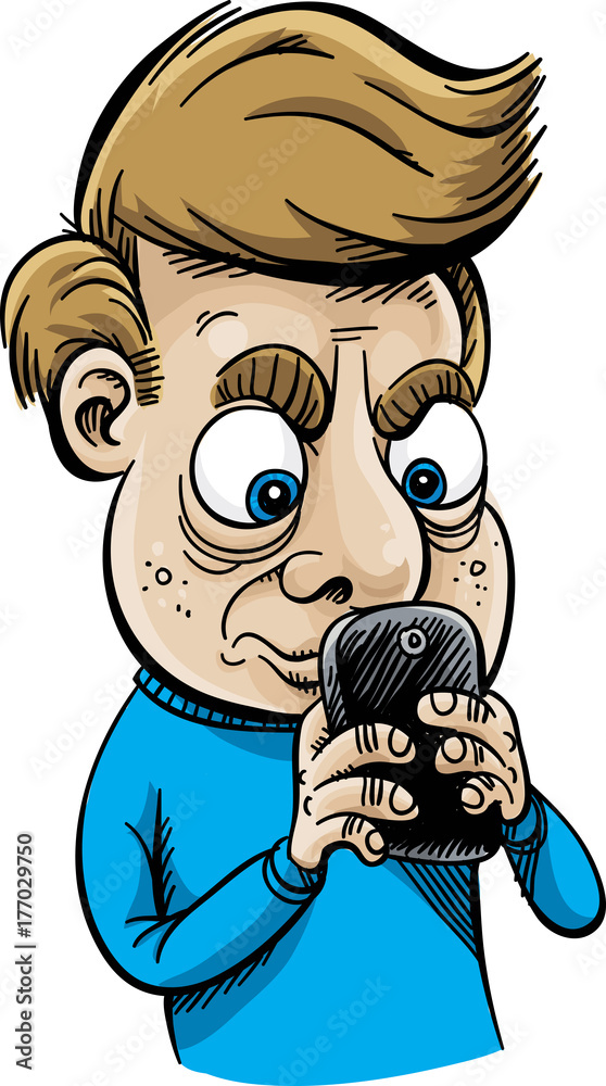 A cartoon man texting and reading on his mobile smartphone with an ...