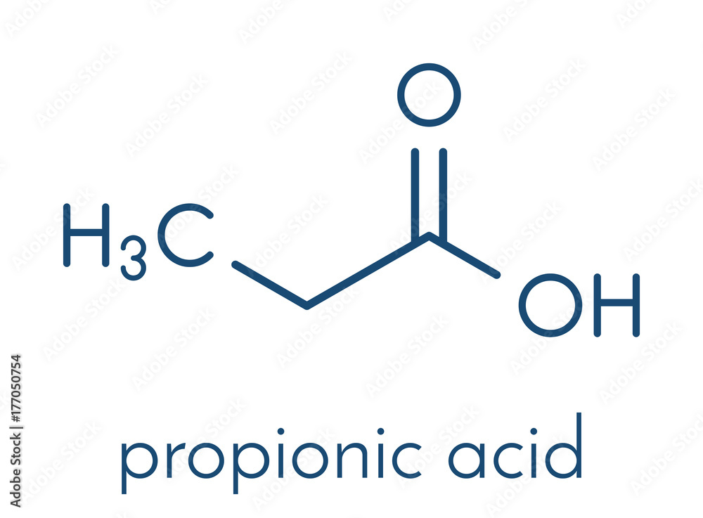 Propionic acid (propanoic acid) molecule. Used as preservative in food ...