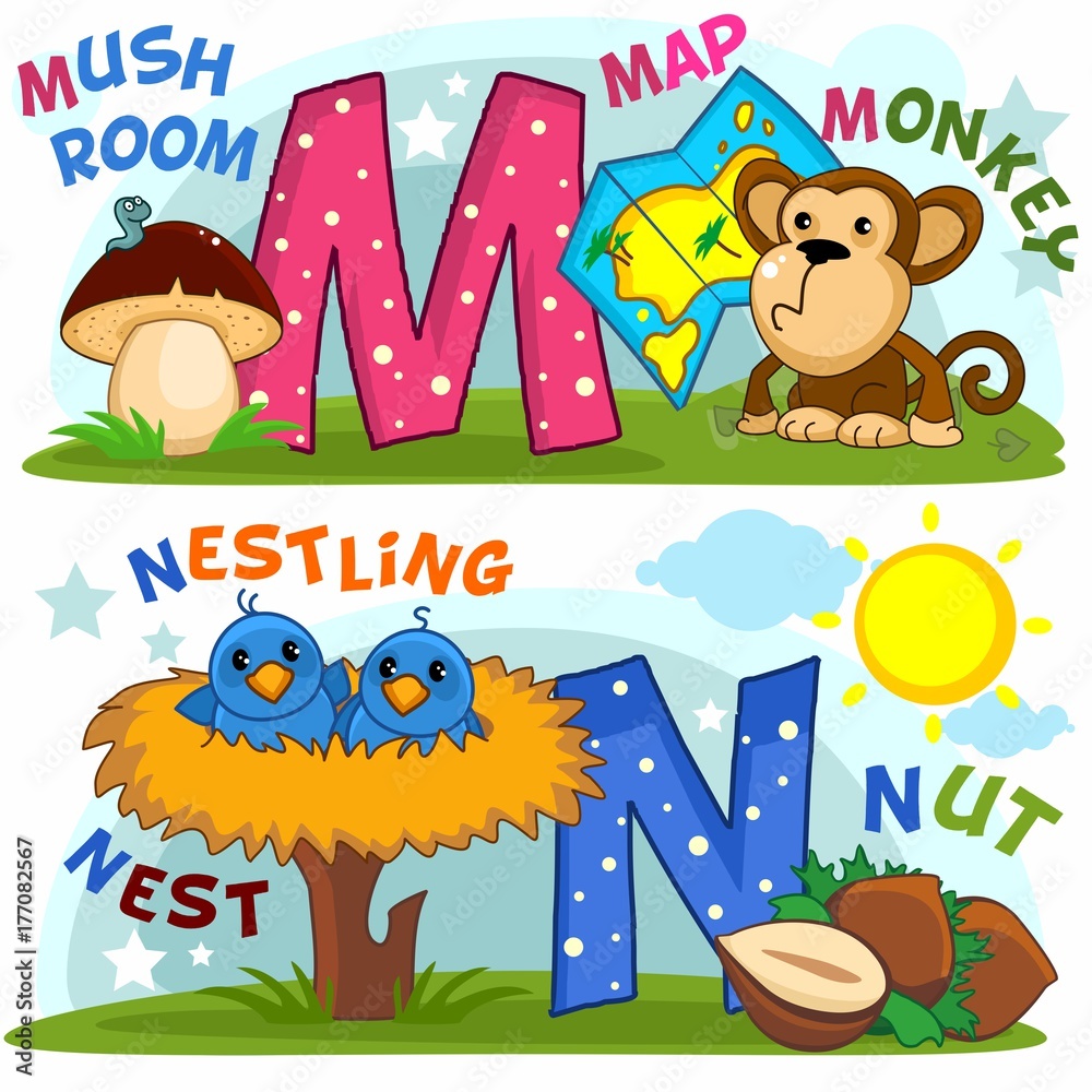 Colored cartoon English alphabet with letters M and N for children ...