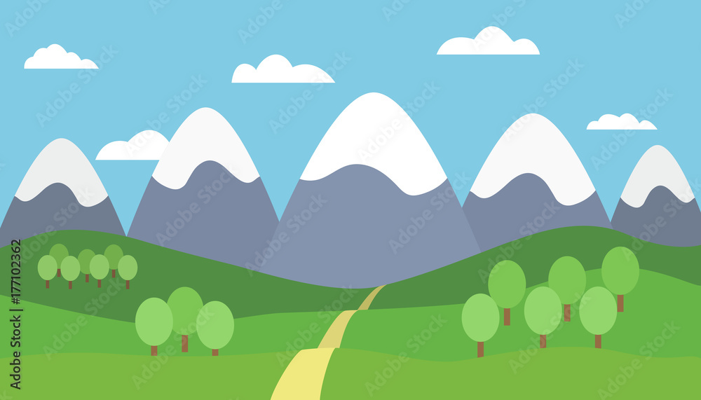 Panoramic cartoon mountain landscape with blue sky, white clouds, trees ...