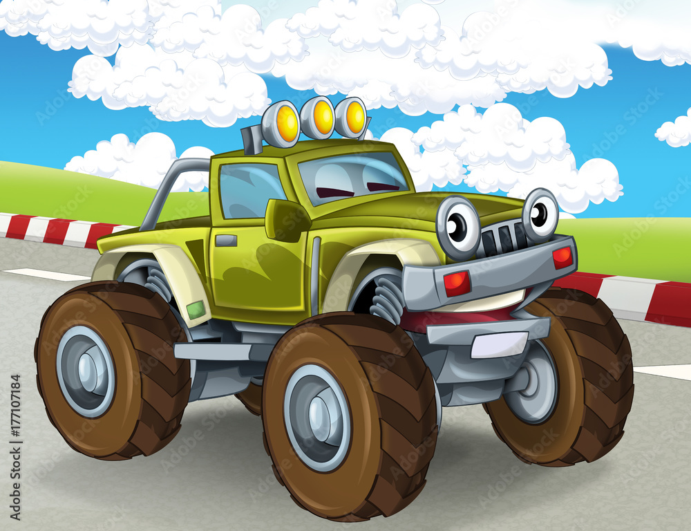cartoon scene with happy smiling monster truck on the race track ...