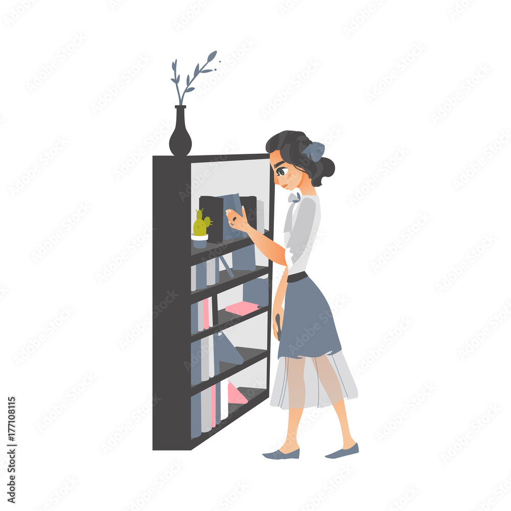 Young woman taking, picking a book from bookcase, bookstand in library ...