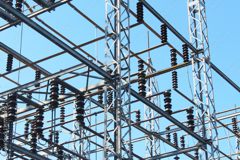 Power transfer station looking across at an open grid structure Stock ...