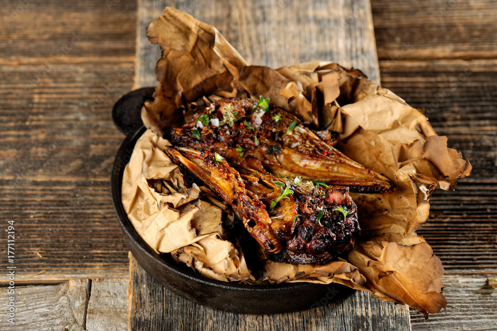 Roasted Duck heads, Fine dining Stock Photo | Adobe Stock