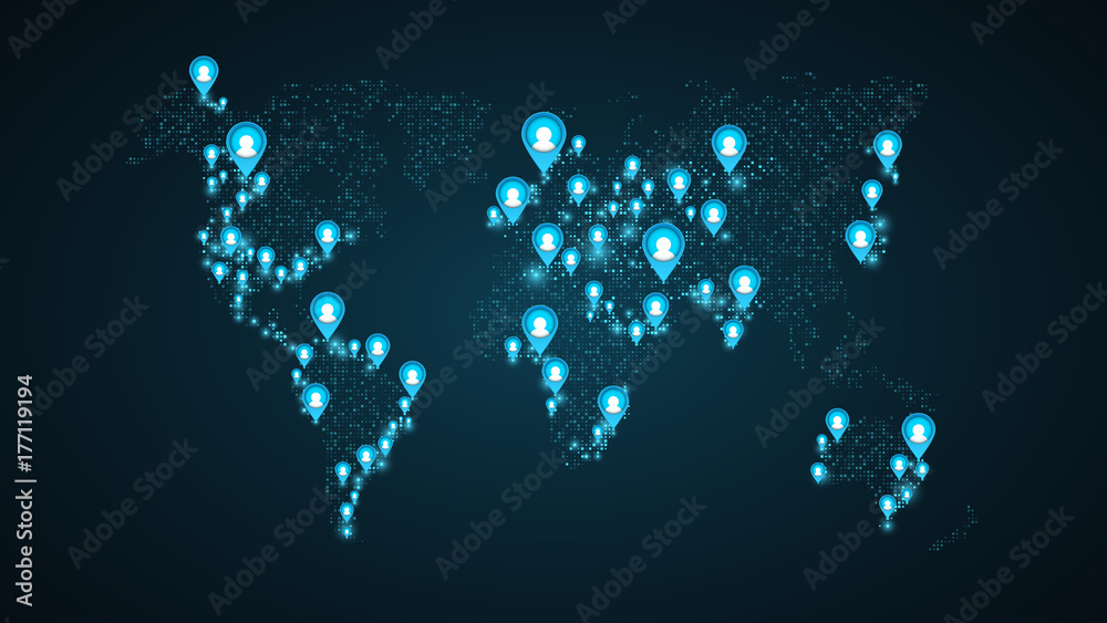 Vetor de Geolocation of users on the world map. Planet Earth. America ...
