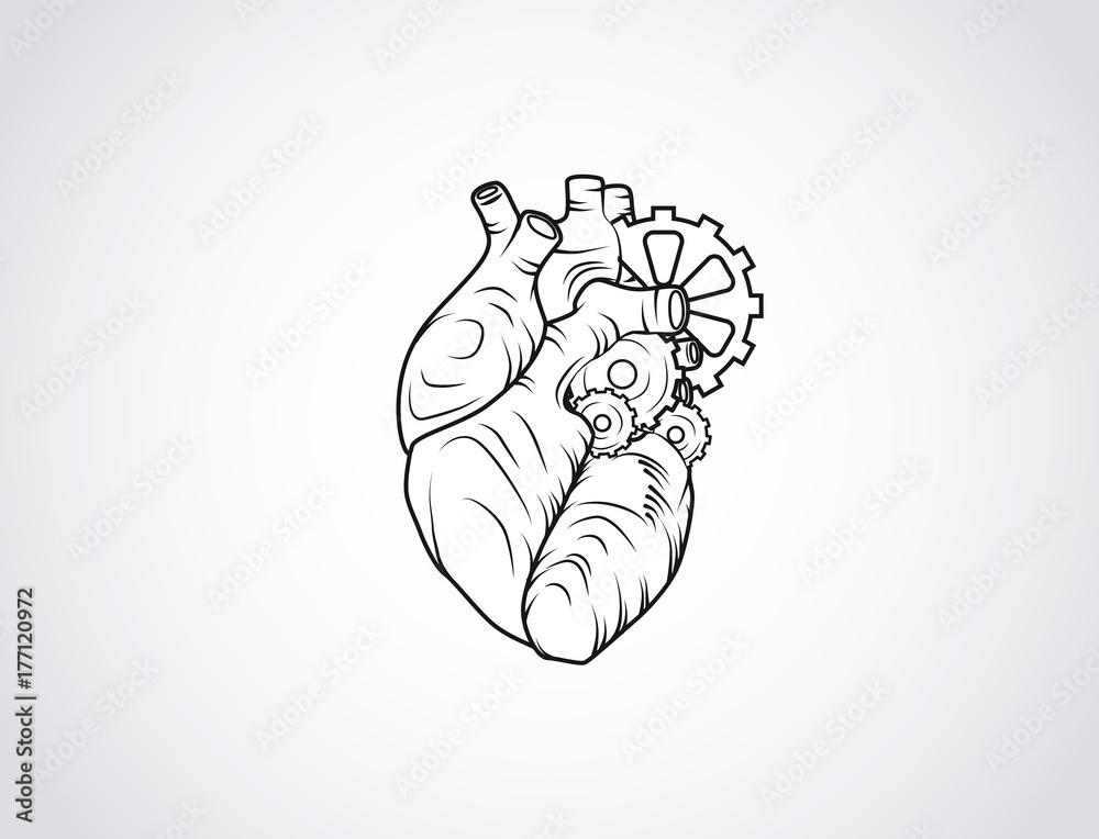 Human mechanical heart sketch. Anatomical heart illustration with ...