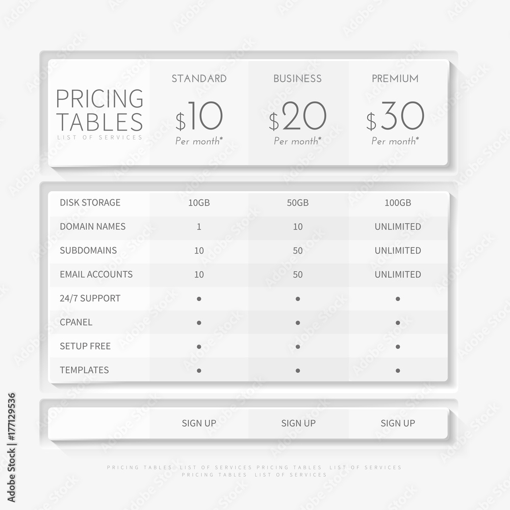 Pricing plan comparison set for commercial business web services and ...