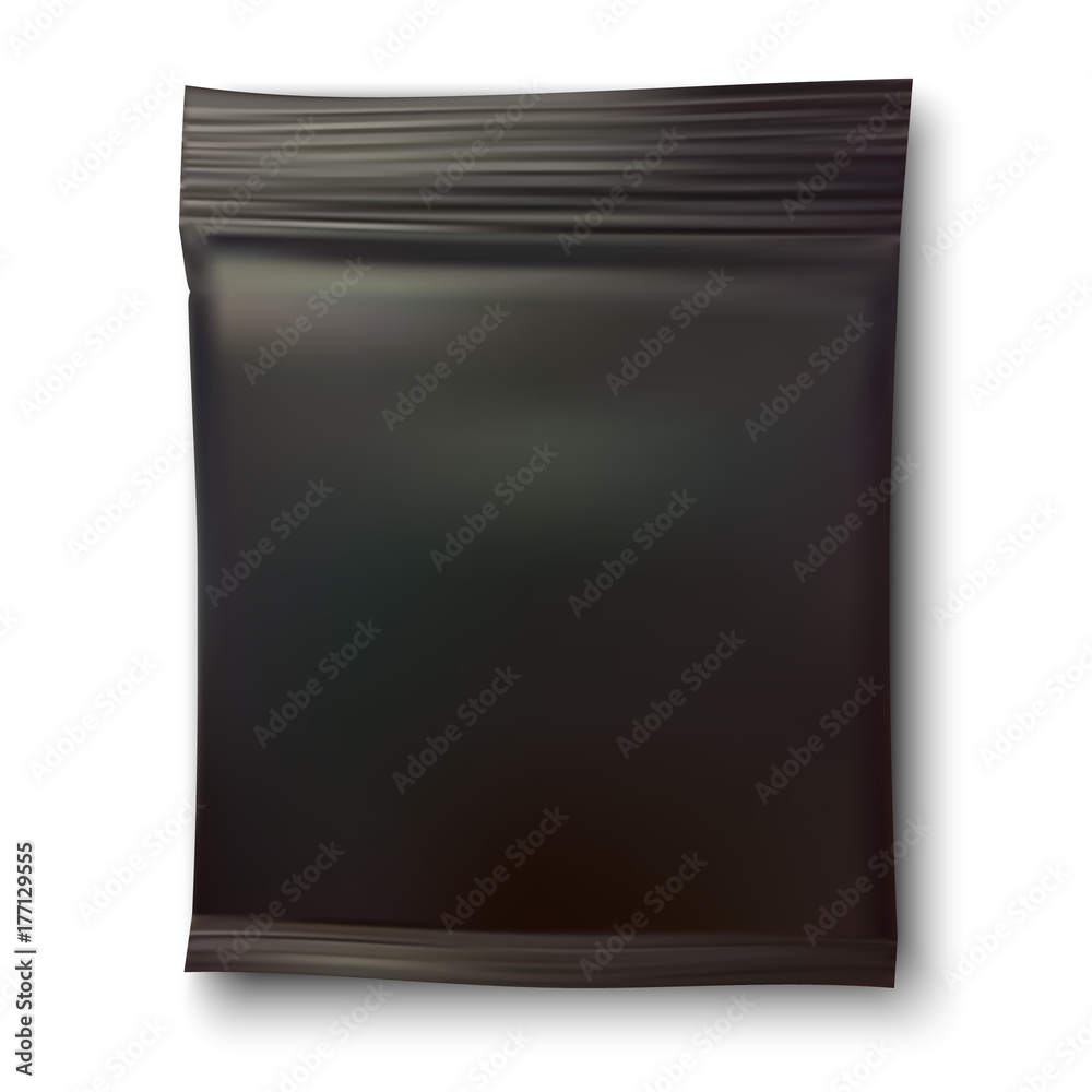 Realistic empty black foil packaging mockup with shadow on white ...