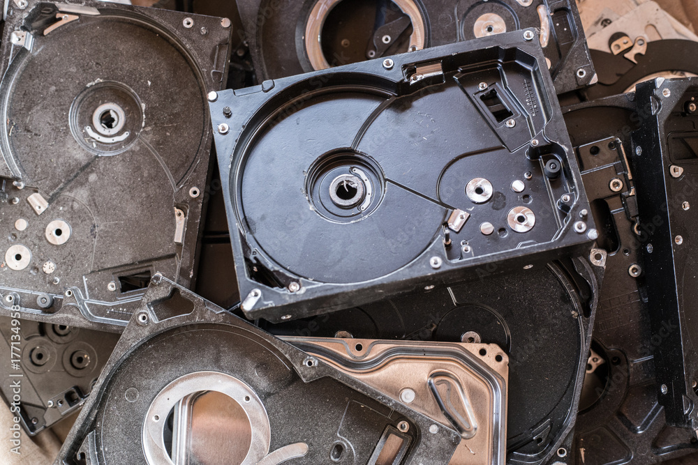 Aluminium waste (scrap metal) from used computer hard disks. Closeup ...