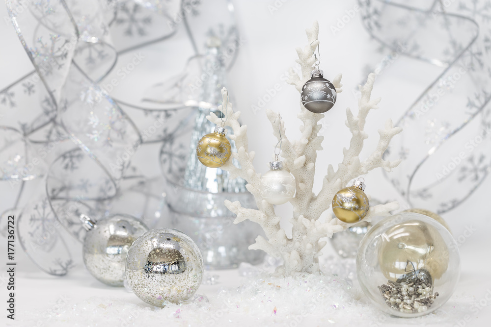 Coral reef Christmas tree with gold and silver ornaments. Stock Photo ...