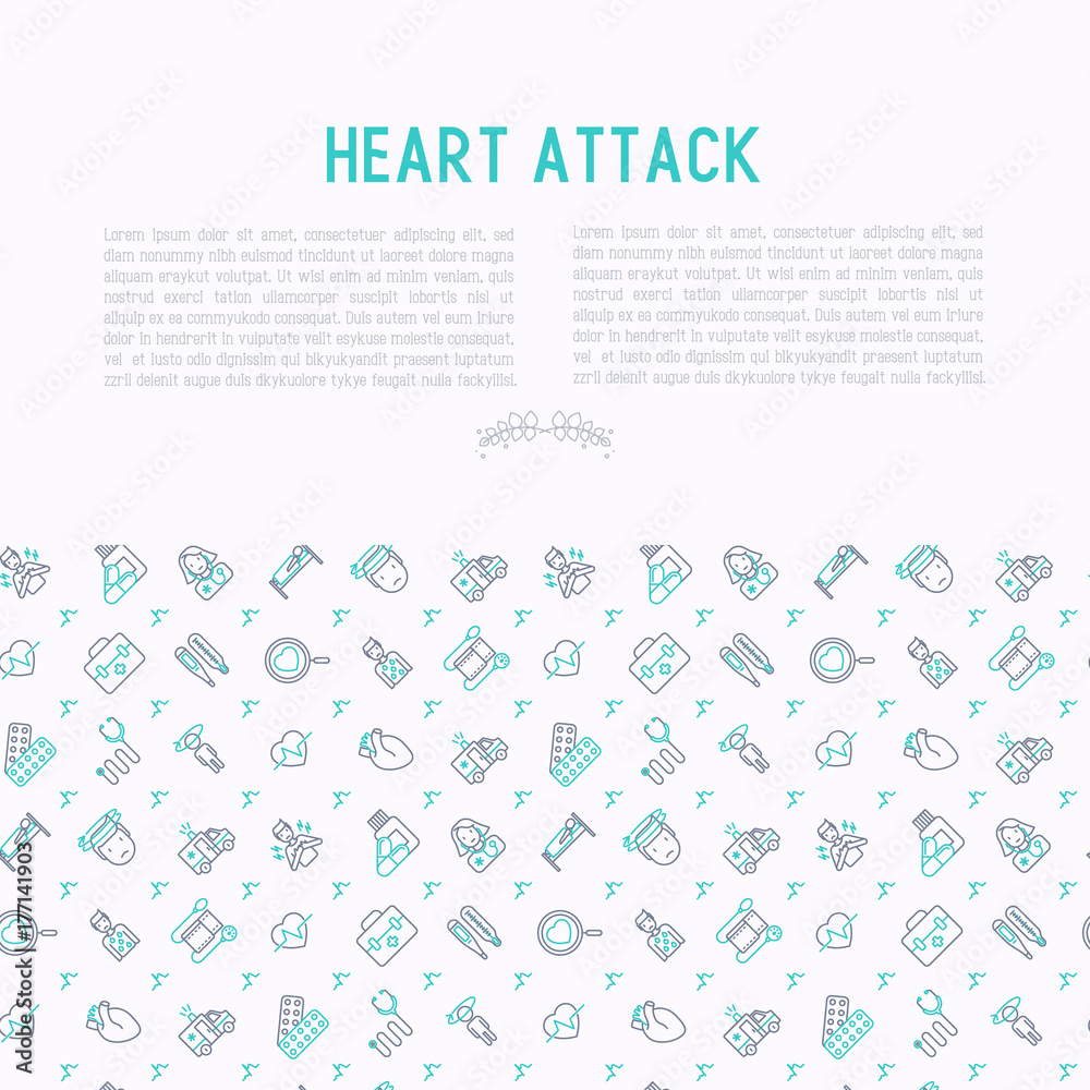 Heart attack concept with thin line icons of symptoms and treatments ...