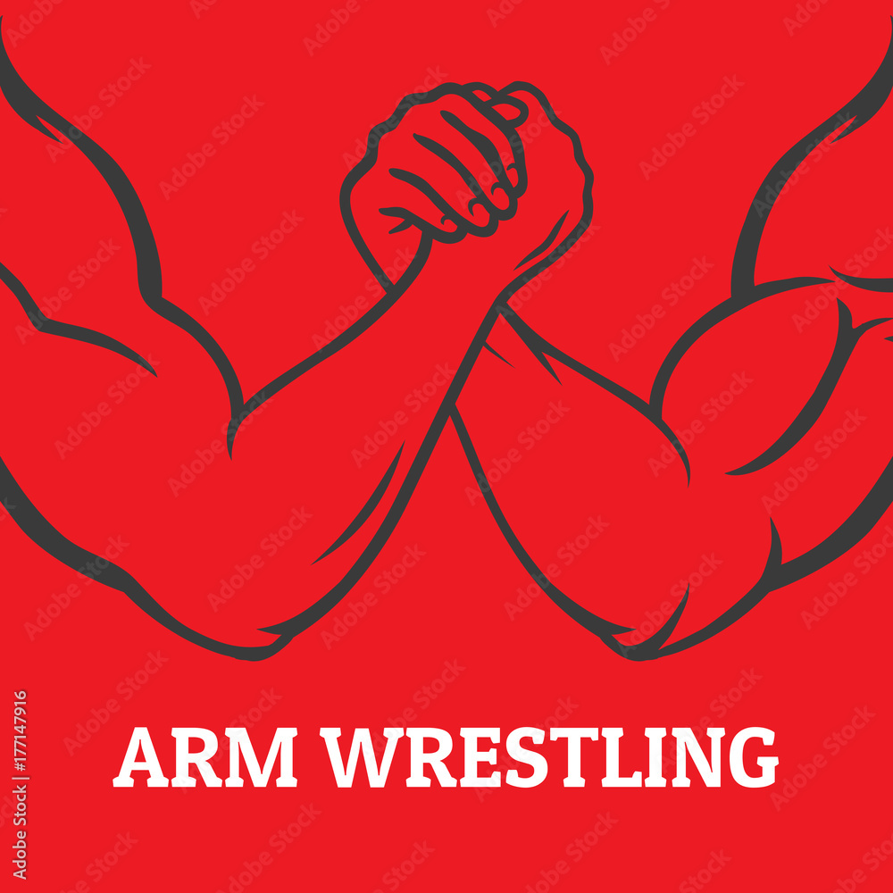 Arm wrestling image, in linear design on red background, vector ...