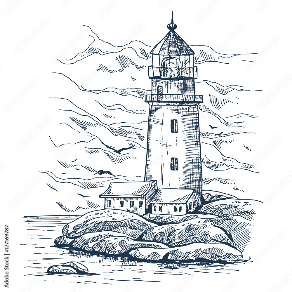 Beacon or harbor lighthouse sketch on island Stock Vector | Adobe Stock