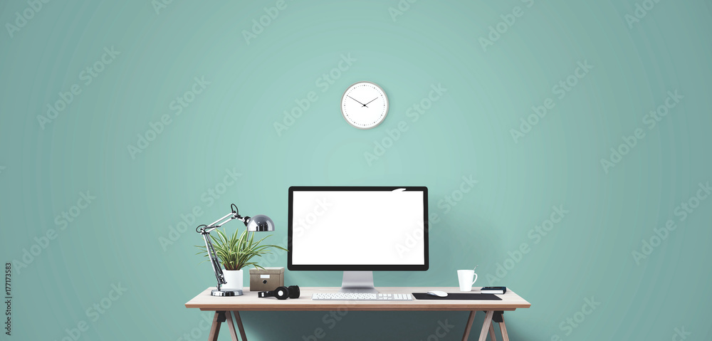 Computer display and office tools on desk. Desktop computer screen ...