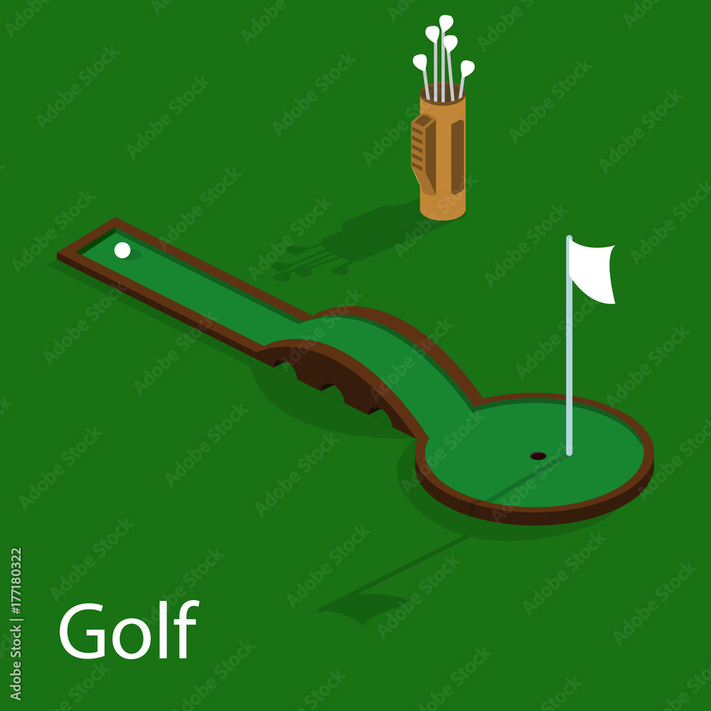 Isometric 3D vector illustration golf course with a ball and a golf bag ...