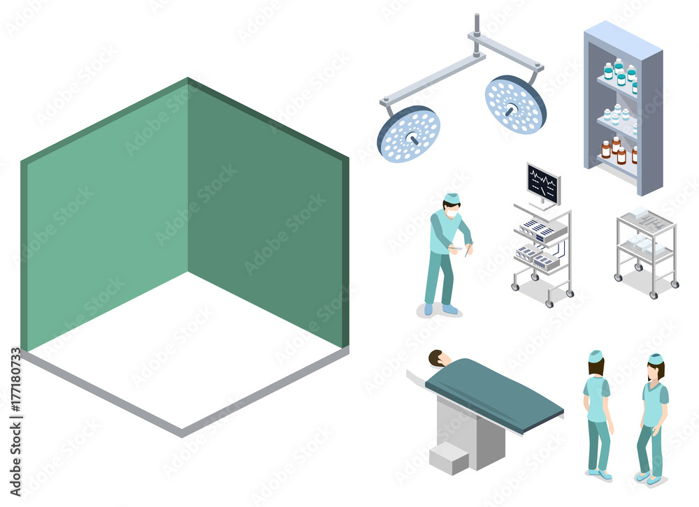 Isometric 3D vector illustration collection of surgical room items and ...