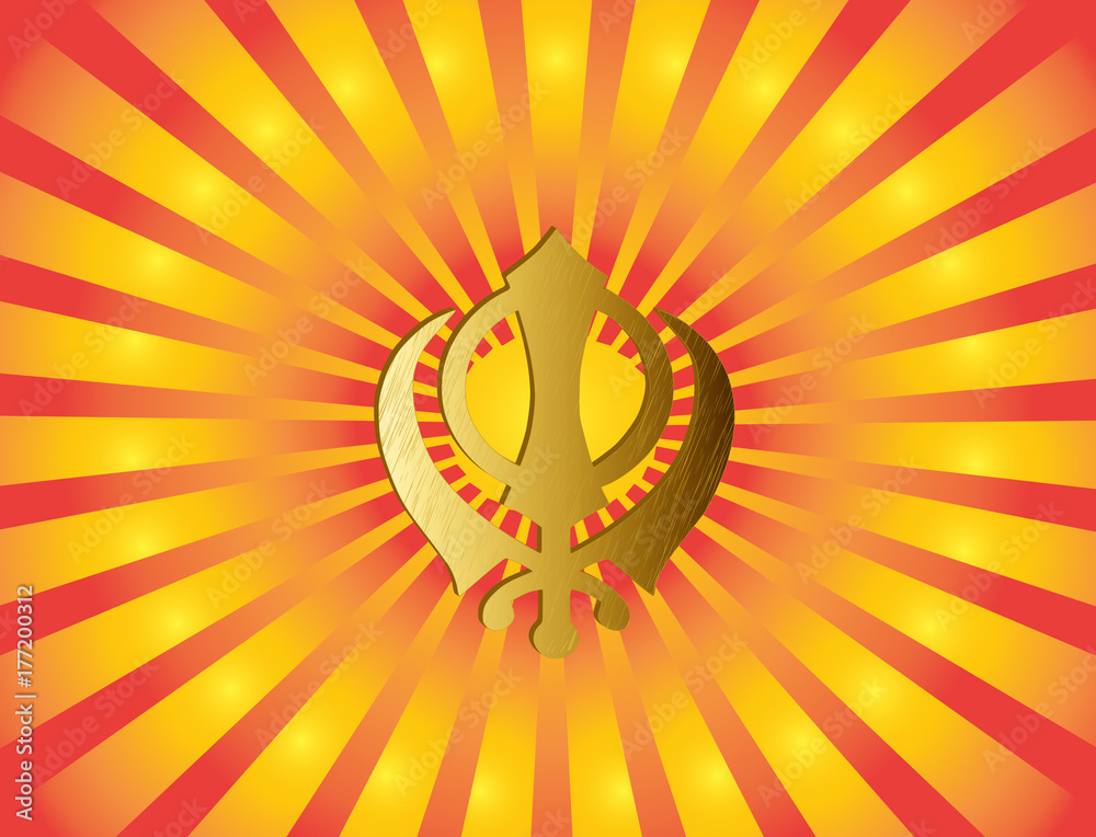 The main symbol of Sikhism – sign Khanda made of gold metal. Red and ...