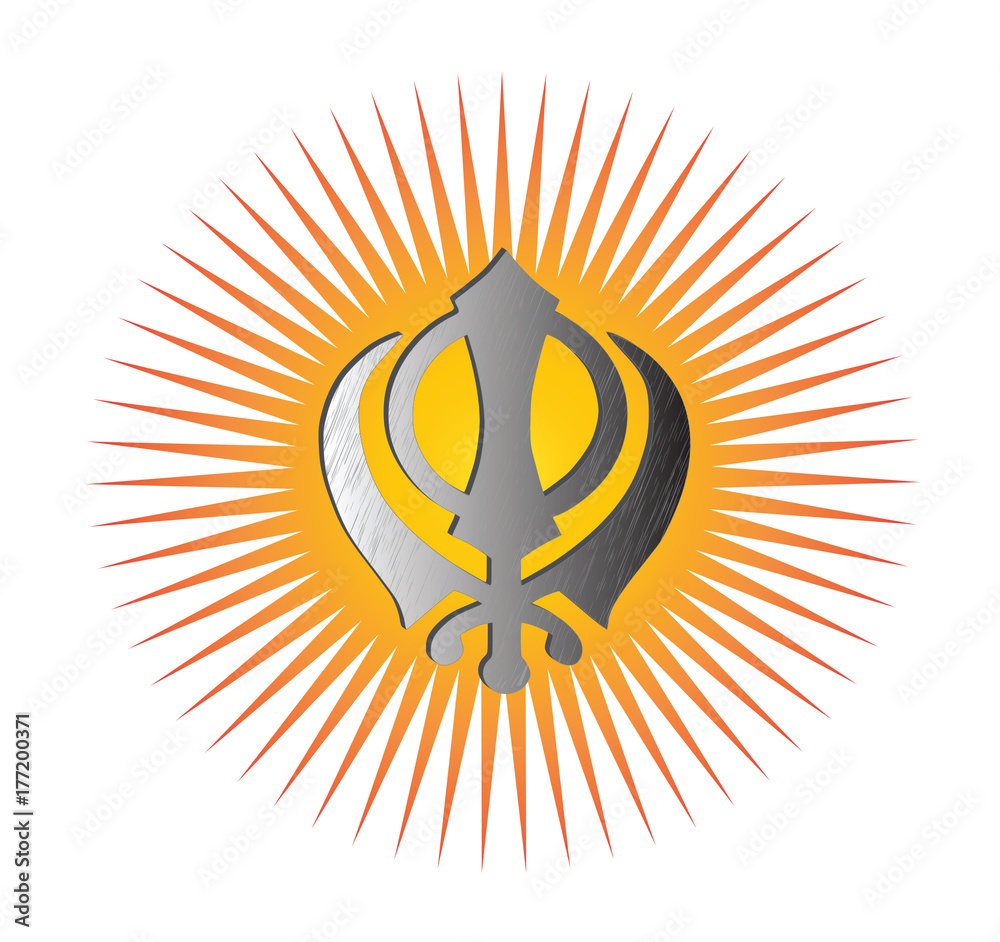 The main symbol of Sikhism – sign Khanda made of white metal. Red and ...