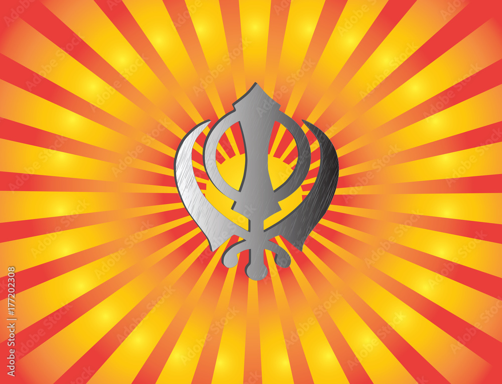 The main symbol of Sikhism – sign Khanda made of white metal. Red and ...