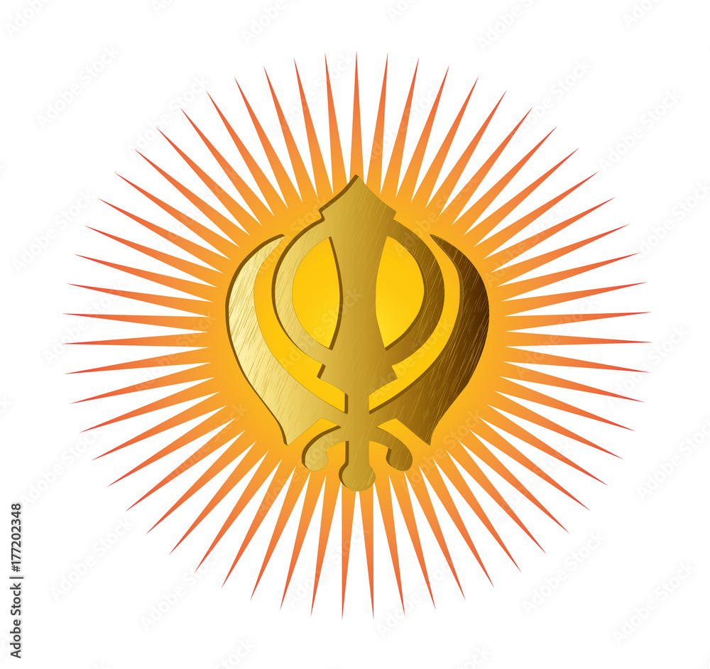 Poster The main symbol of Sikhism - sign Khanda made of gold metal ...